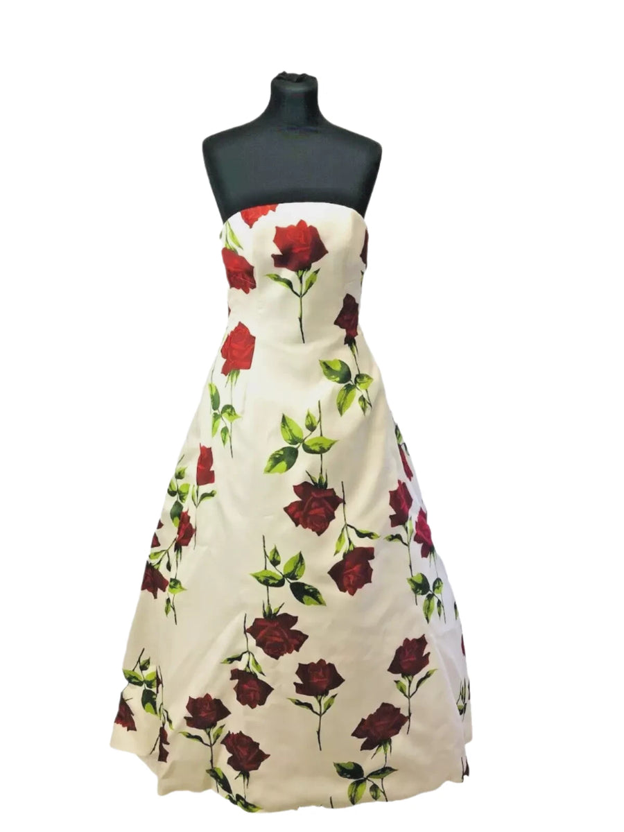 Caroline Parkes Women’s White Red Rose Print Bandeau Bridal Dress, Siz – FARA Charity Shops