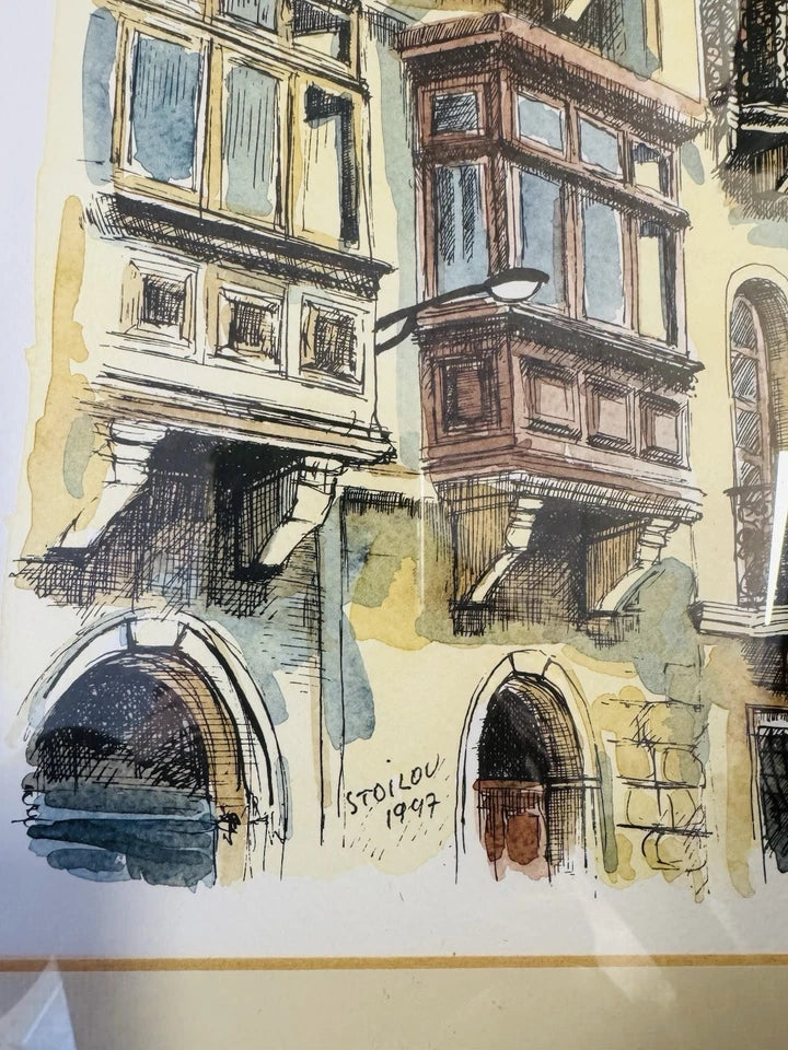 Ink Pen Study with Colour Wash of Maltese Building by Macedonian Artis ...